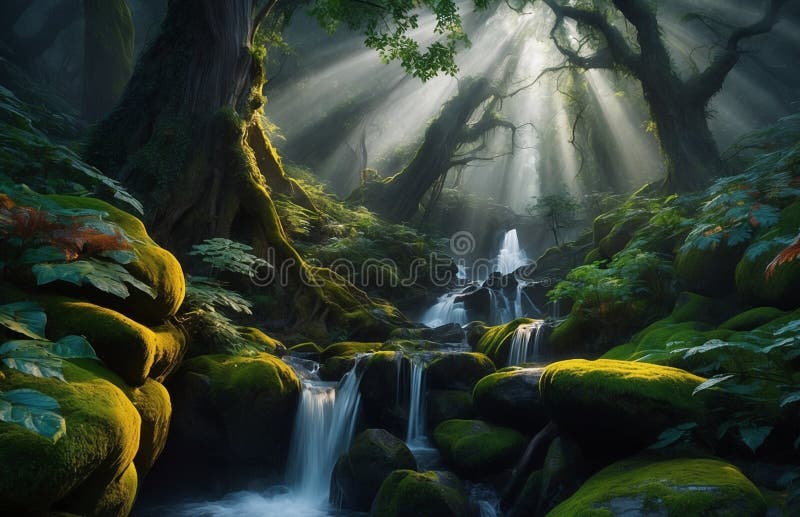 Enchanted Realm: a Mystical Green Forest Landscape with Sun Harp Stock ...