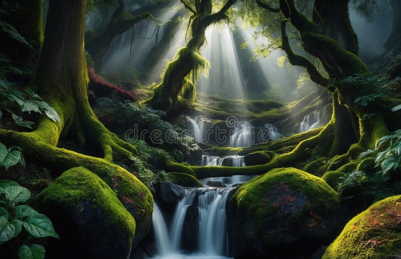 Enchanted Realm: a Mystical Black Forest Landscape with Sun Harp Stock ...