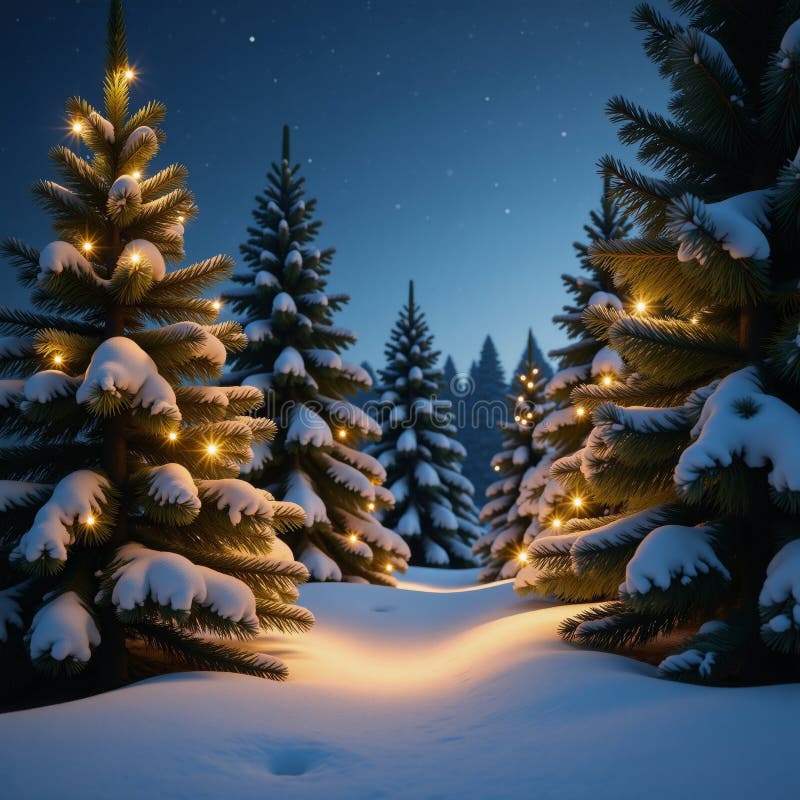 Magical Forest Adorned with Christmas Trees and Glowing Lights Stock ...