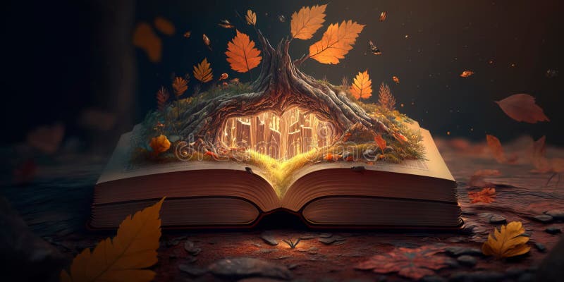 Magical Forest with a Book Hidden in a Tree Stump Generative AI Stock ...