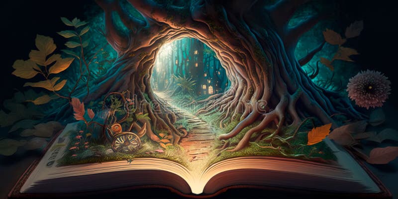 Magical Forest with a Book Hidden in a Tree Stump Generative AI Stock ...