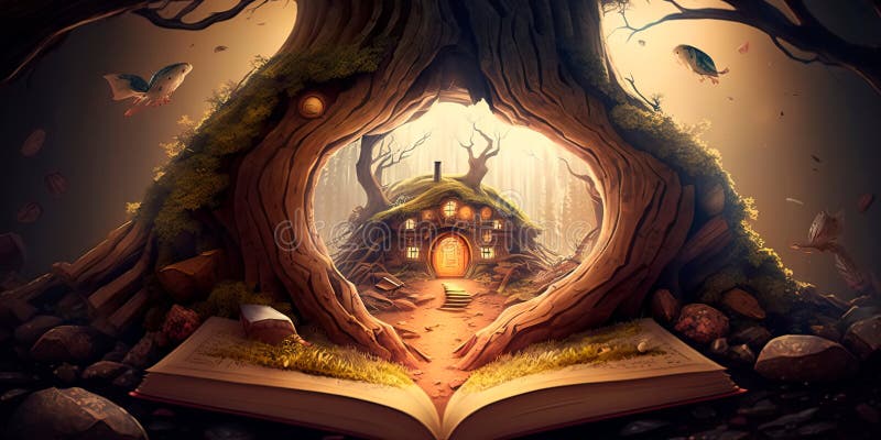 Magical Forest with a Book Hidden in a Tree Stump Generative AI Stock ...