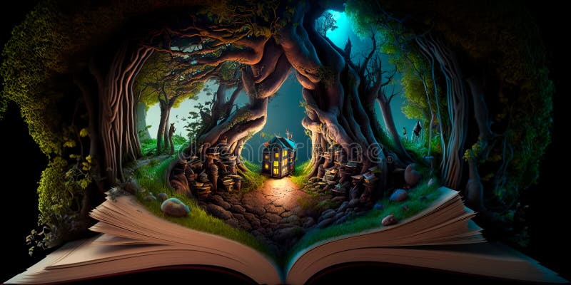 Magical Forest with a Book Hidden in a Tree Stump Generative AI Stock ...