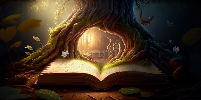 Magical Forest with a Book Hidden in a Tree Stump Generative AI Stock ...