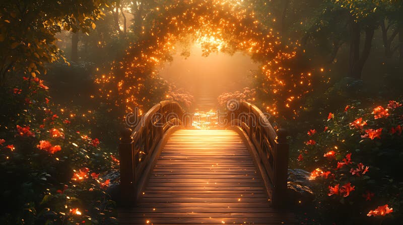 Magical Forest Bridge, Glowing Arch, Sunrise, Tranquility, Fantasy ...