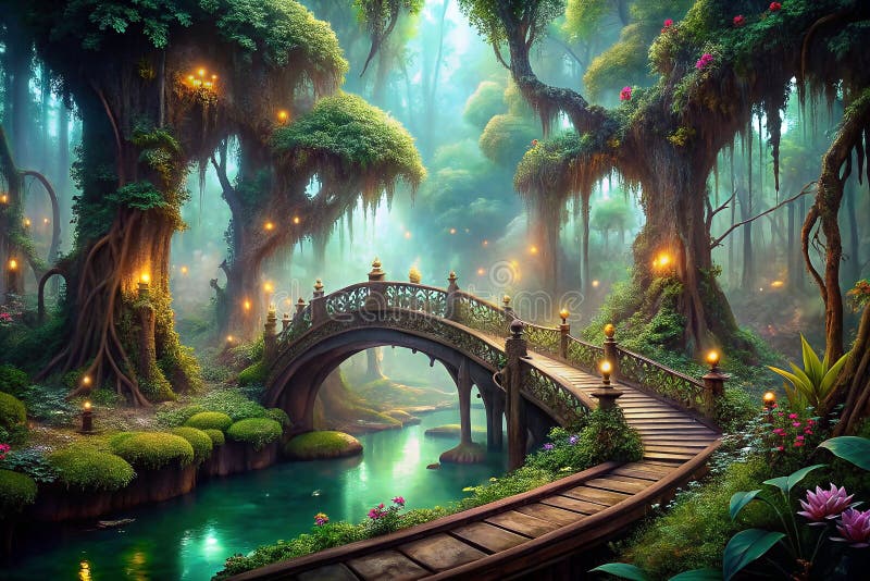 Magical Forest Bridge, Glowing Lanterns, Tranquil Stream, Mystical ...
