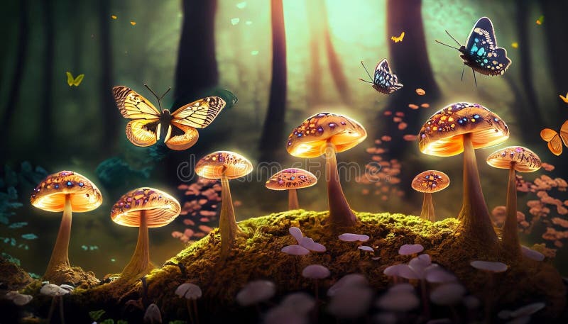 Magical Forest with Butterflies and Toadstools Suitable As Background ...