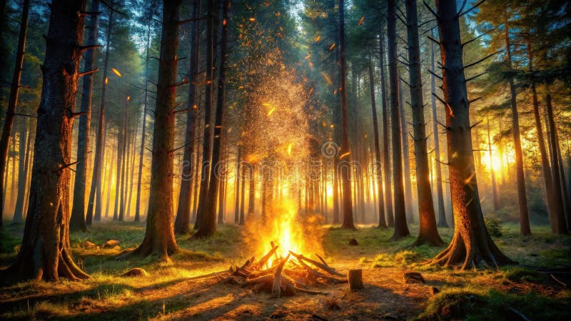 Magical Forest Campfire at Sunrise with Sparkling Embers. Generative AI ...