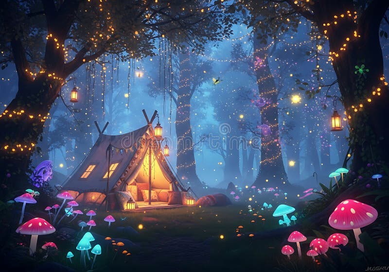 Magical Forest Camping Scene in a Fantasy Enchanted Landscape Stock ...