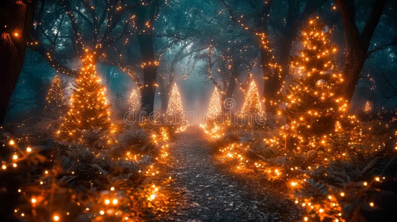 Magical Forest with Christmas Trees and Glowing Lights Stock ...