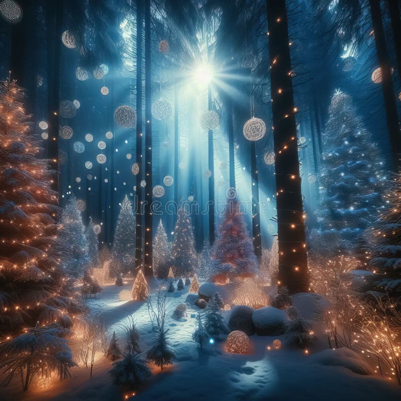Magical Forest with Christmas Trees and Glowing Lights, Generative AI ...