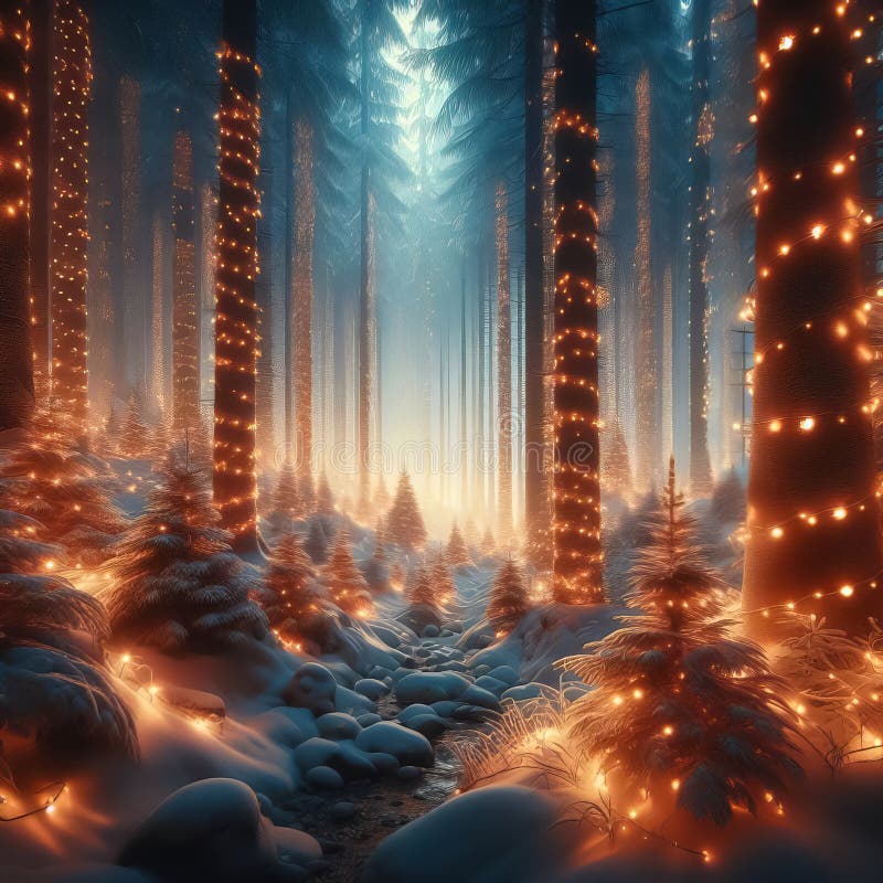 Magical Forest with Christmas Trees and Glowing Lights, Generative AI ...