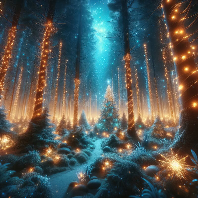 Magical Forest with Christmas Trees and Glowing Lights, Generative AI ...