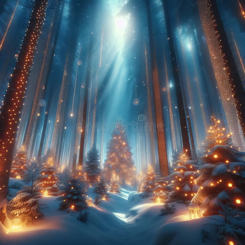 Magical Forest with Christmas Trees and Glowing Lights, Generative AI ...