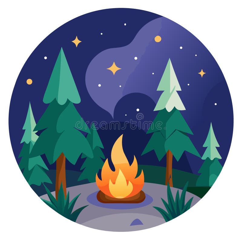 A Magical Forest Clearing with Glowing Campfire Under Starry Sky Stock ...