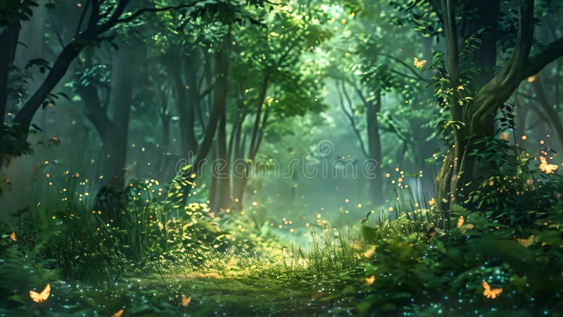 A Magical Forest Clearing with Glowing Fireflies Illuminating the Path through the Trees, a ...