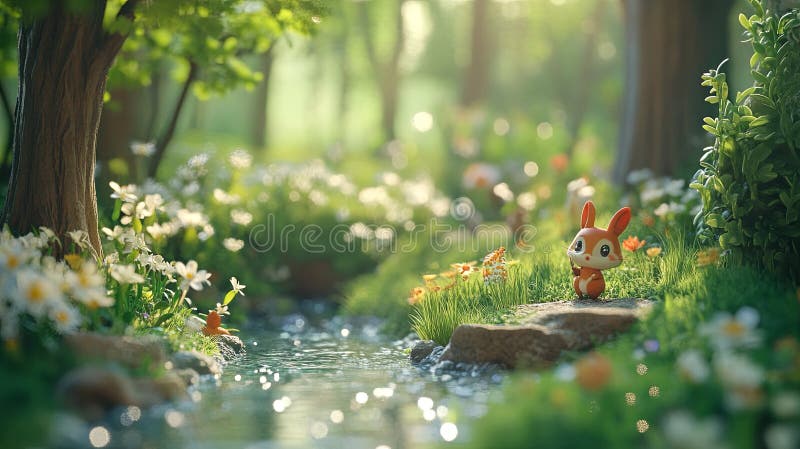 A Magical Forest Clearing with a Sparkling Stream and Tiny Woodland ...