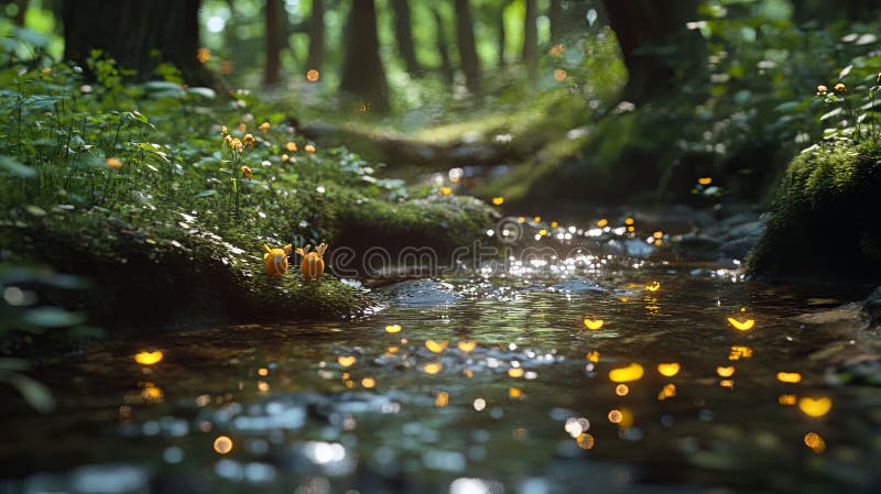 A Magical Forest Clearing with a Sparkling Stream and Tiny Woodland ...