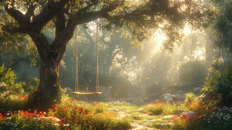 A Magical Forest Clearing with a Swing Suspended from an Enchanted Tree ...
