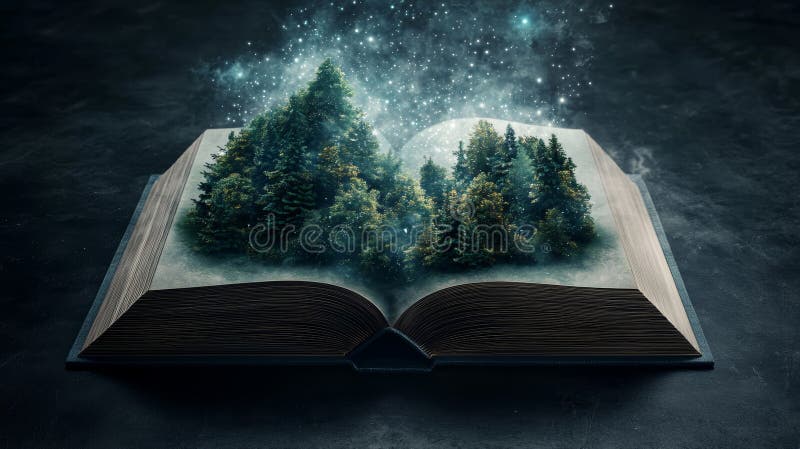 A Magical Forest Emerges from an Open Book, Surrounded by Shimmering ...
