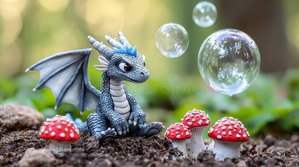 In a Magical Forest, a Fanciful Dragon Blows a Bubble. Stock ...