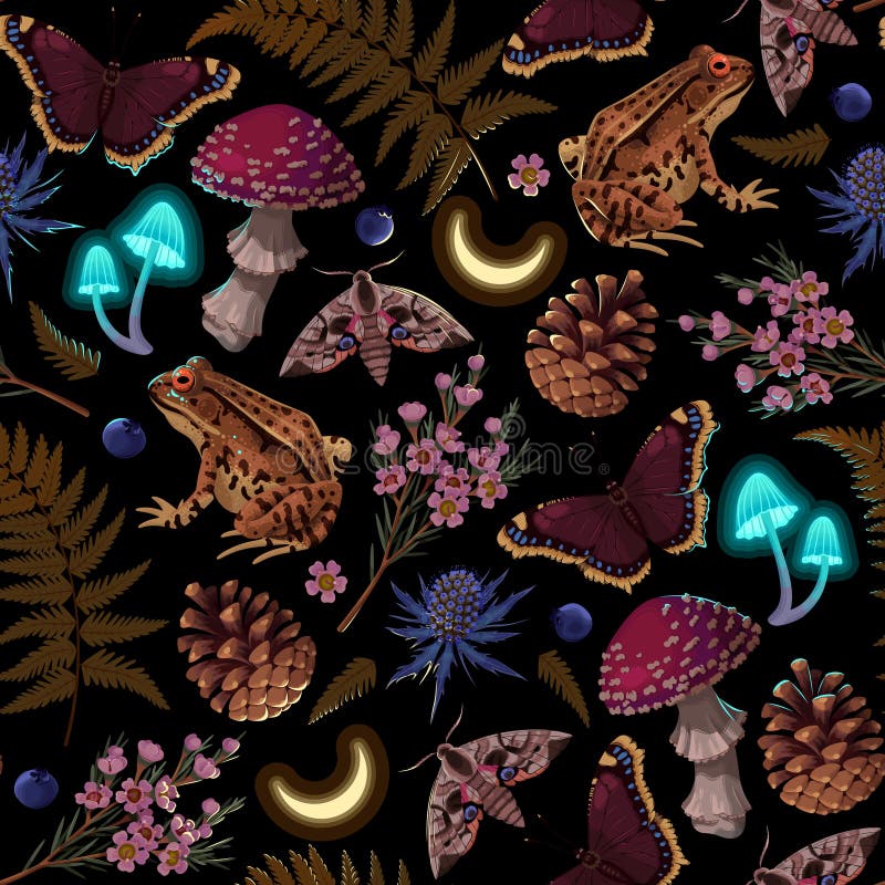 Magical Forest Flora and Fauna Vector Pattern Stock Illustration ...