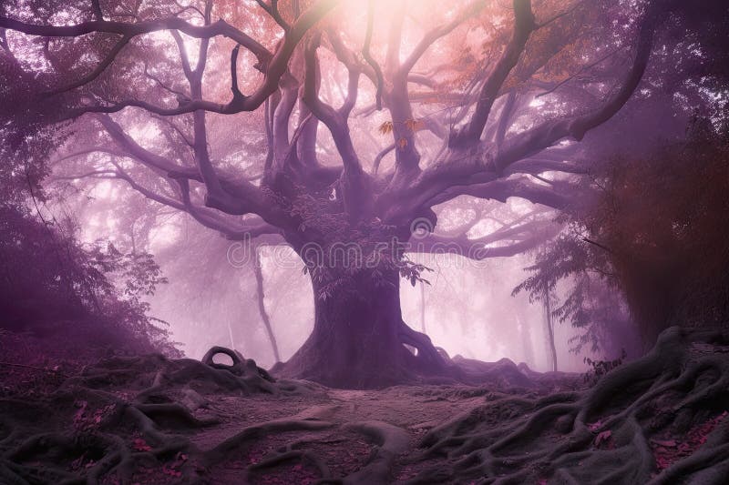 Magical Forest with Giant Tree at Its Center, Surrounded by Purple Mist ...