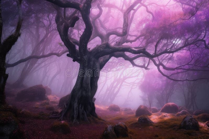 Magical Forest with Giant Tree at Its Center, Surrounded by Purple Mist ...