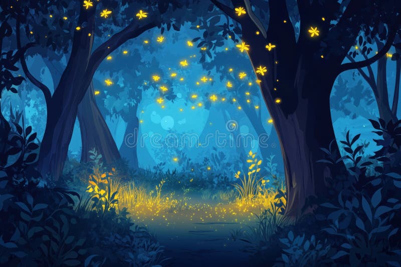 Magical Forest with Glowing Fireflies, Enchanting Blue Ambiance, Lush ...