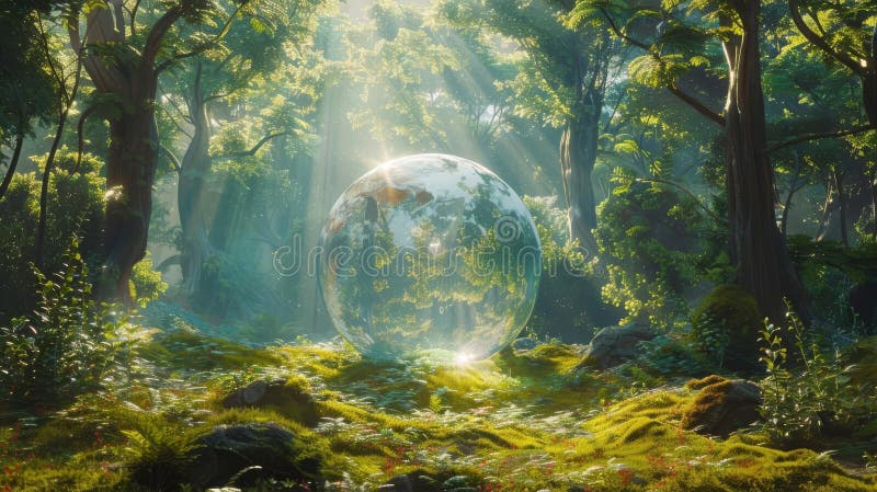 Magical Forest with a Glowing Glass Sphere in Sunlight Stock ...