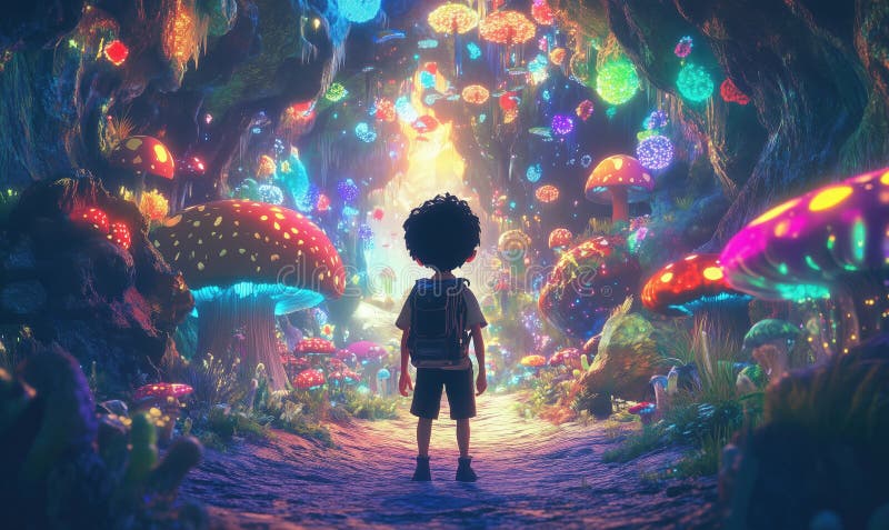 Magical Forest with Glowing Mushrooms and a Curious Boy Exploring ...