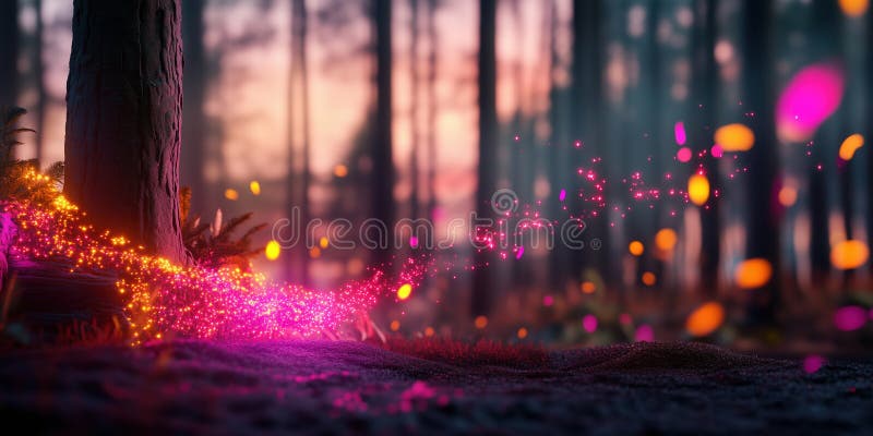 Magical Forest: Glowing Particles at Sunset Stock Illustration ...