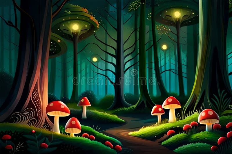 Magical Forest with Glowing Toadstools and Fireflies. Generative AI ...