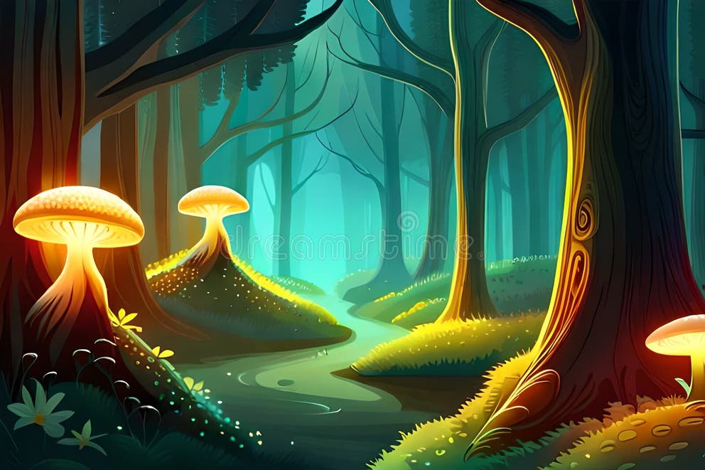 Magical Forest with Glowing Toadstools and Fireflies. Generative AI ...