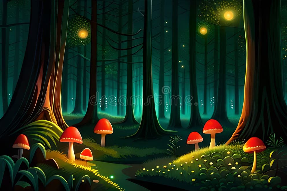 Magical Forest with Glowing Toadstools and Fireflies. Generative AI ...