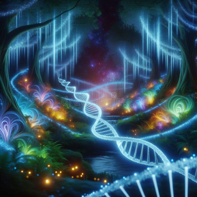 A Magical Forest with Glowing Trees, a River, and a DNA Double Helix ...