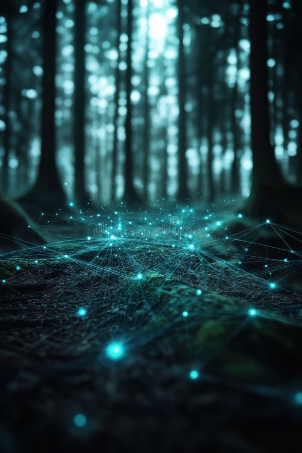 Magical Forest Ground with Glowing Digital Network Lines in Misty Woods ...