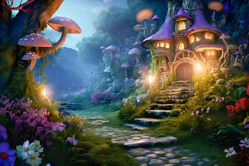 Magical forest with a hut stock image. Image of purple - 298257129
