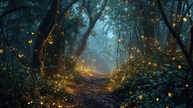 A Magical Forest Illuminated by Dancing Fireflies Stock Image - Image ...
