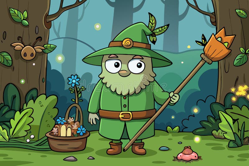 A Magical Forest Janitor with Mystical Powers, Wearing a Rustic Outfit ...