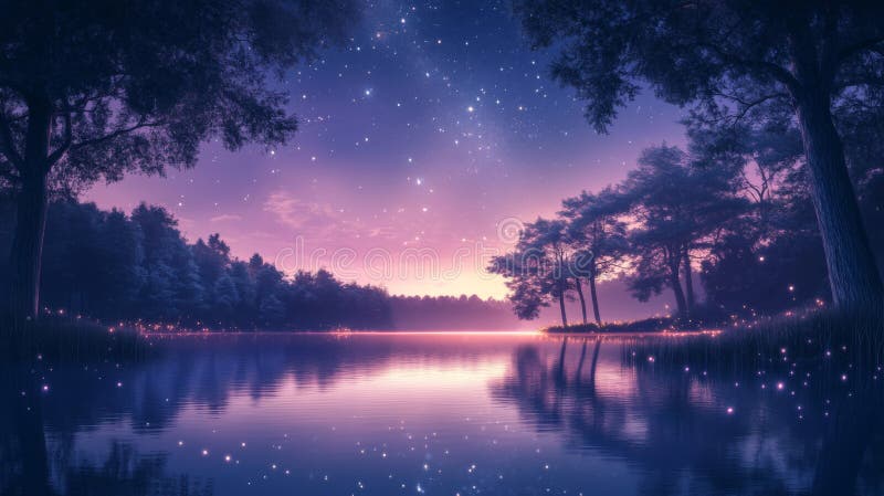 Magical Forest Lake Sunrise Stock Illustration - Illustration of purple ...