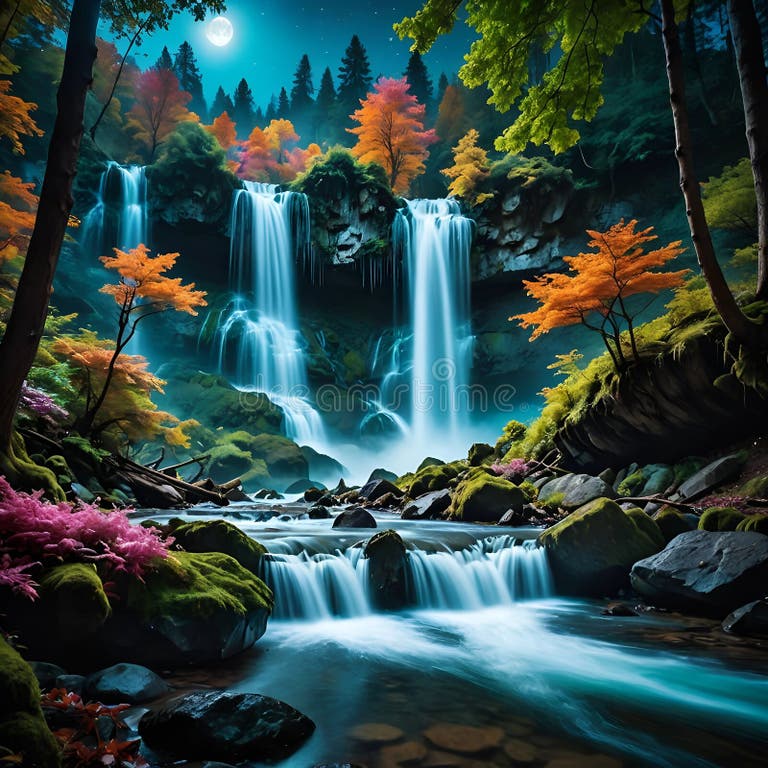 A Magical Forest Landscape Featuring Waterfalls Illuminated by ...