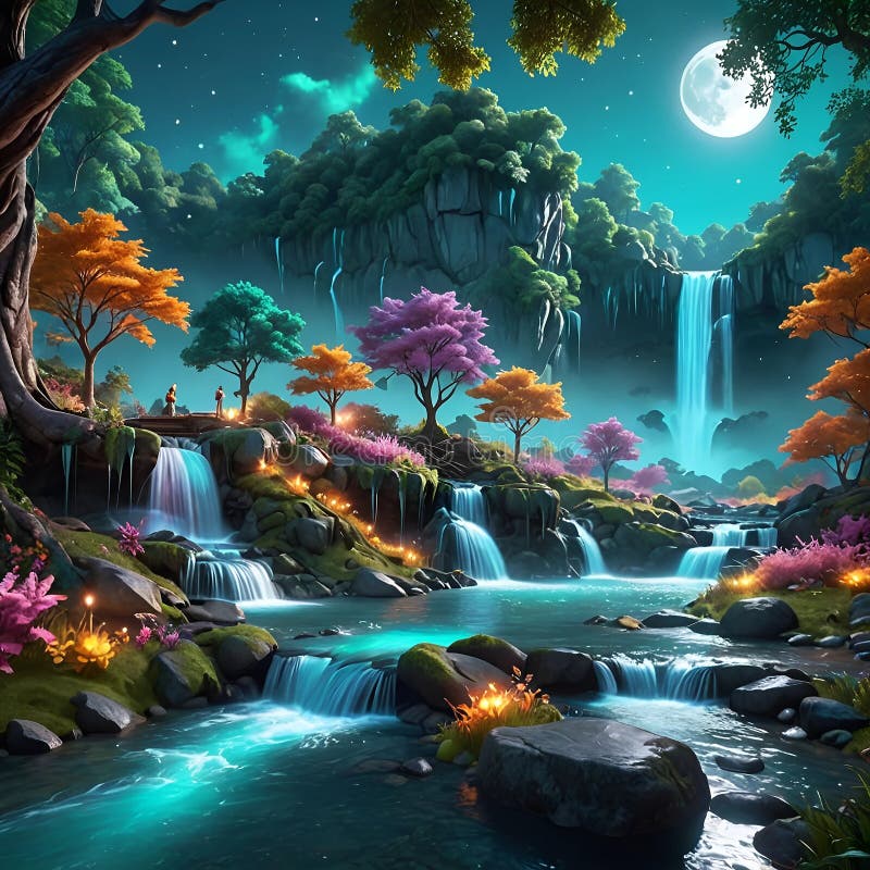 A Magical Forest Landscape Featuring Waterfalls Illuminated by ...