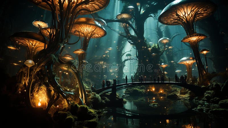 Magical Forest with Large, Glowing Mushrooms and People Walking on a ...