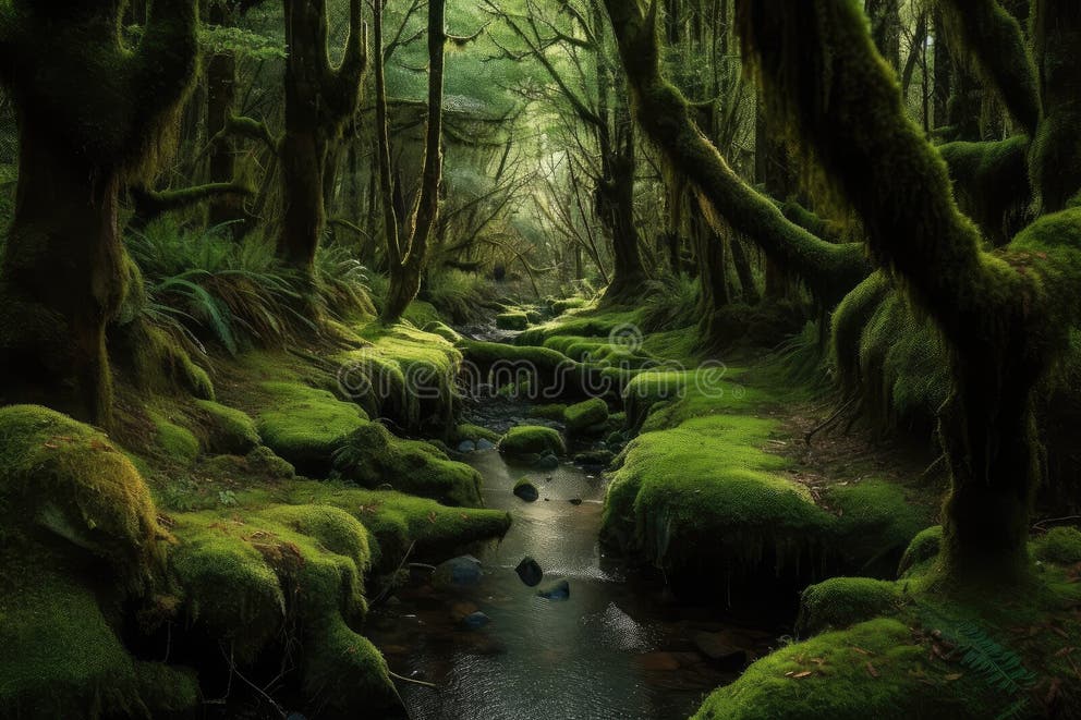Magical Forest with Moss-covered Trees and Babbling Brook Stock Photo ...