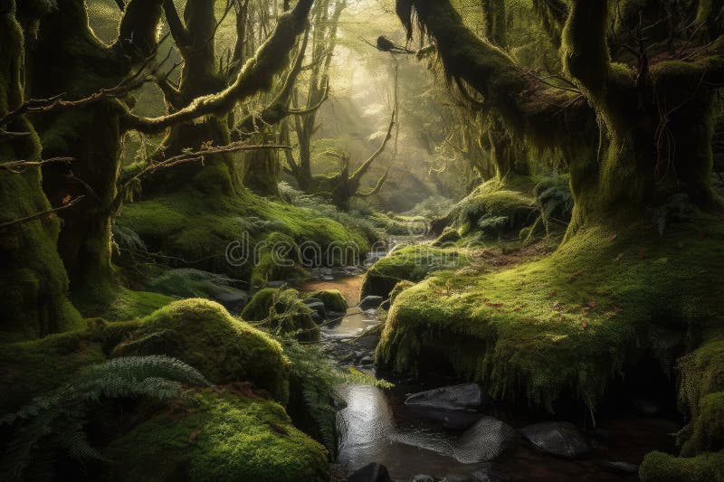 Magical Forest with Moss-covered Trees and Babbling Brook Stock Photo ...