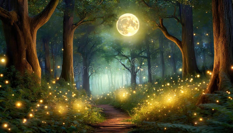 A Magical Forest at Night with a Full Moon and Fireflies Illuminating ...