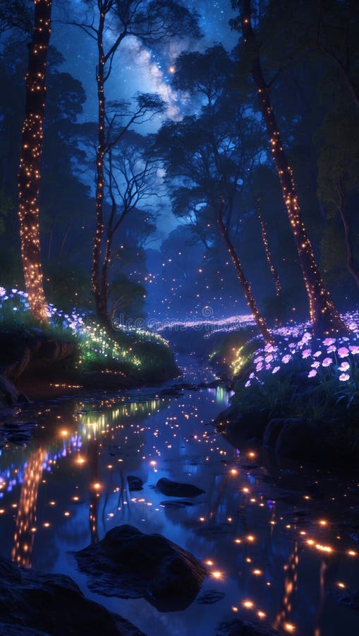 A Magical Forest at Night. a Gentle Stream Flows through the Scene ...