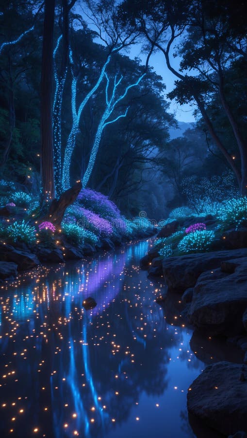 A Magical Forest at Night. a Gentle Stream Flows through the Scene ...