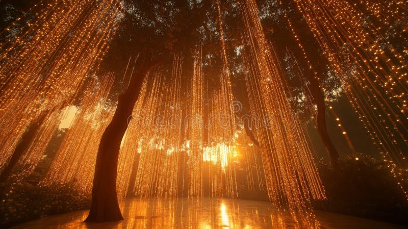 Magical Forest at Night with Golden Lights Stock Illustration ...